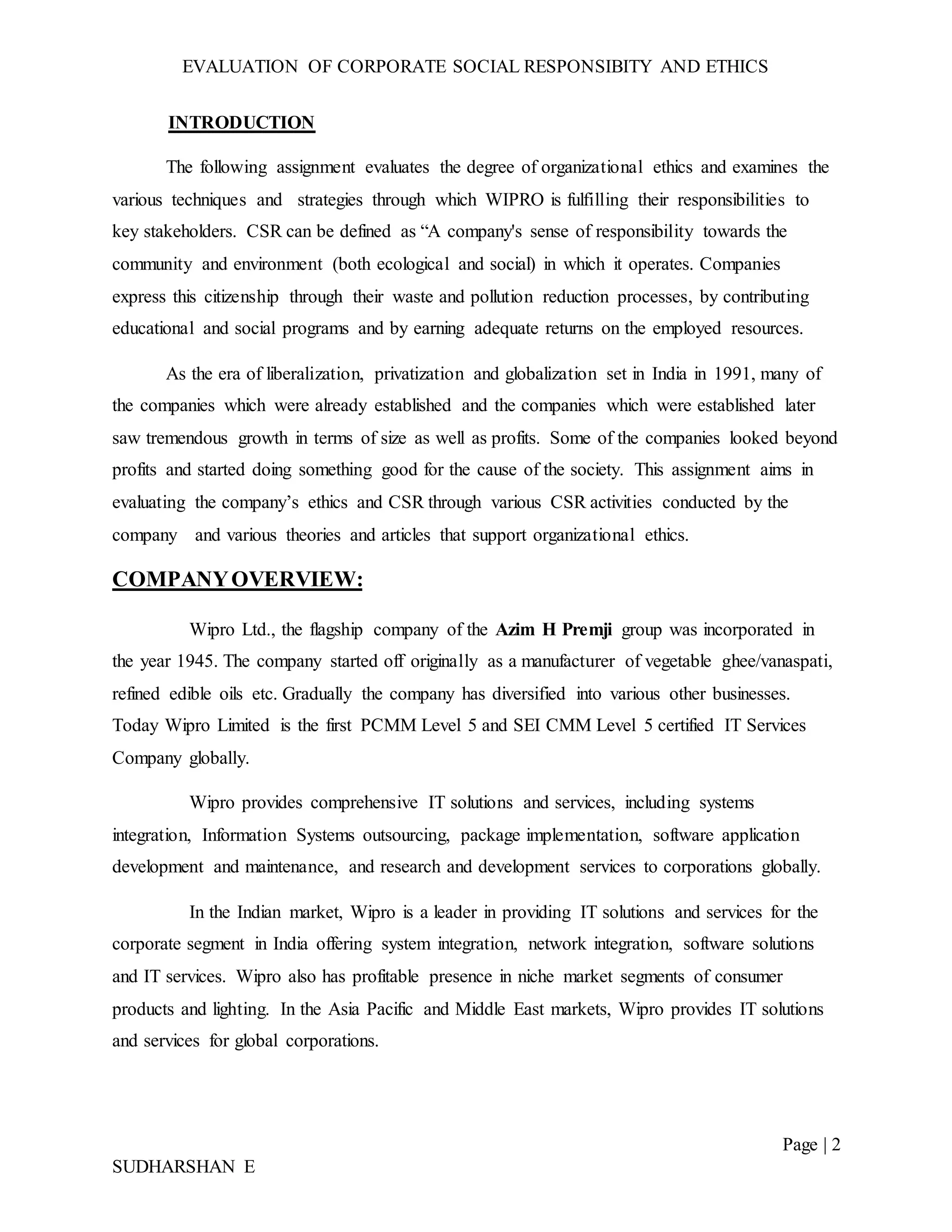 EVALUATION OF CORPORATE SOCIAL RESPONSIBILITY AND ETHICS OF WIPRO | PDF