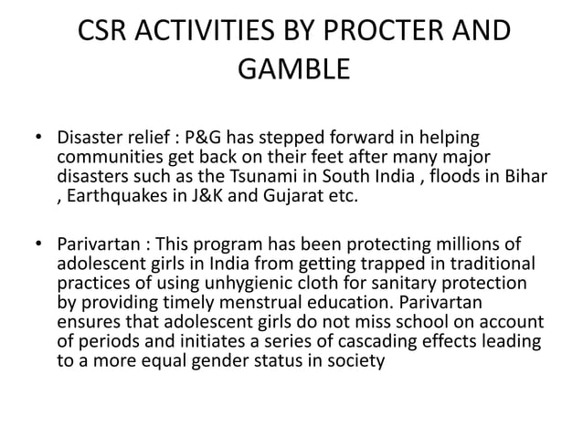 Csr activities by procter and gamble | PPTX
