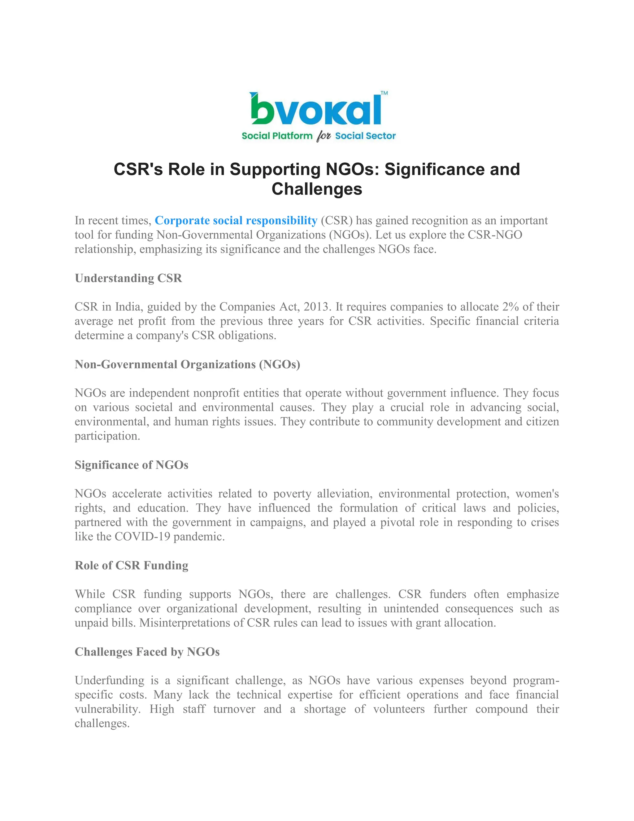CSR's Role in Supporting NGOs: Significance and Challenges | PDF
