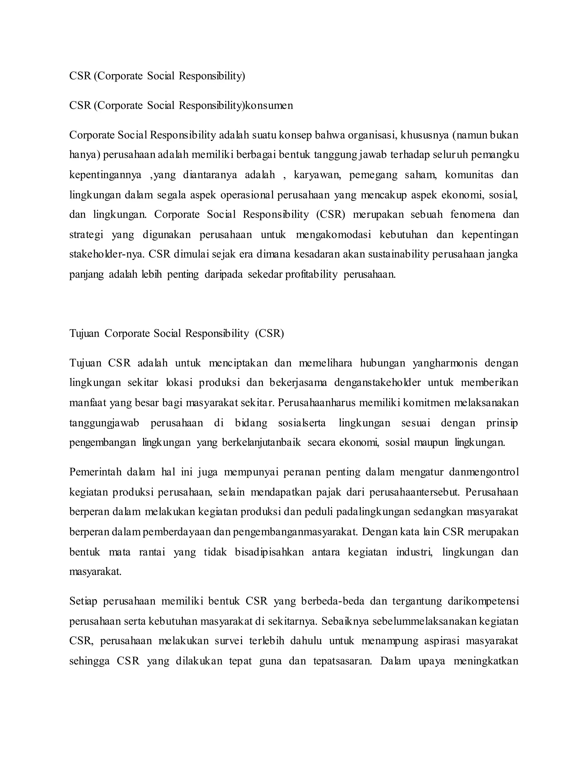 Tanggung jawab Sosial Perusahaan atau Corporate Social Responsibility (CSR) | DOC