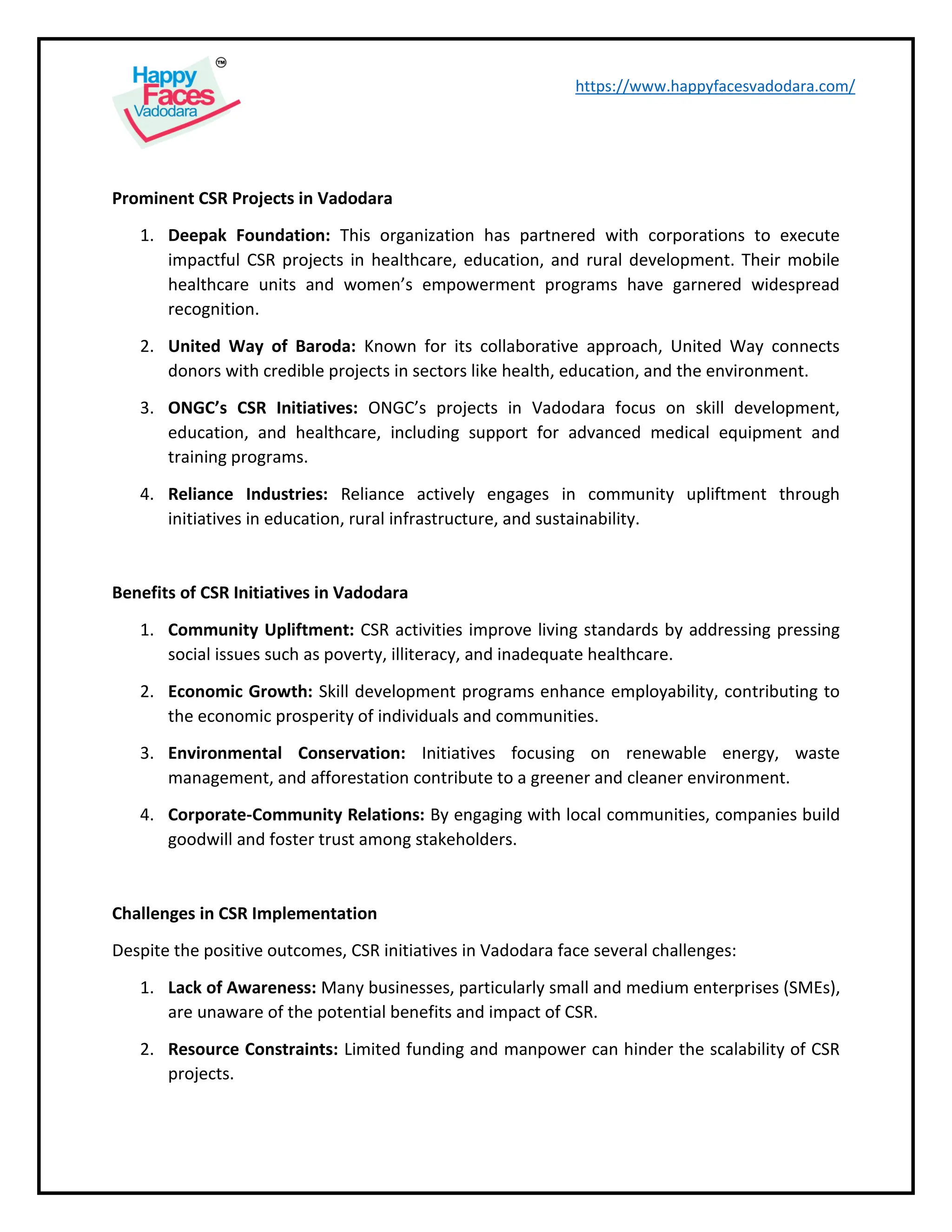 CSR Initiatives in Vadodara: Driving Sustainable Change | PDF