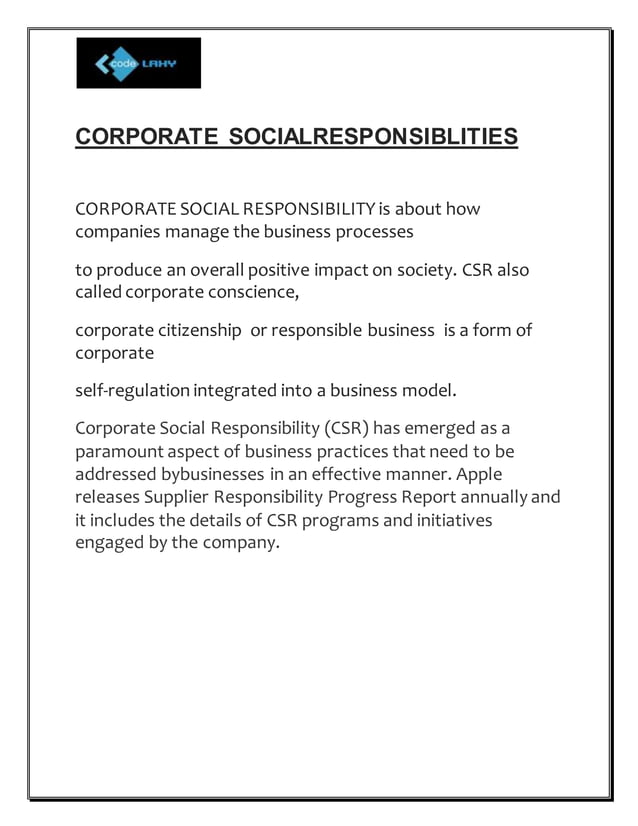 CORPORATE SOCIAL RESPONSIBILITY OF APPLE | DOCX | Business | Business ...
