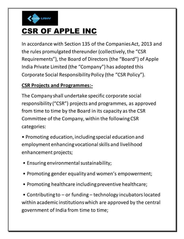 CORPORATE SOCIAL RESPONSIBILITY OF APPLE | DOCX | Business | Business ...