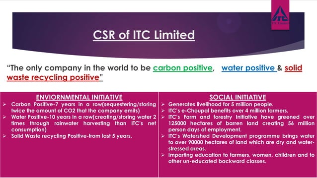 CSR on ITC Ltd. | PPTX | Agriculture | Industries