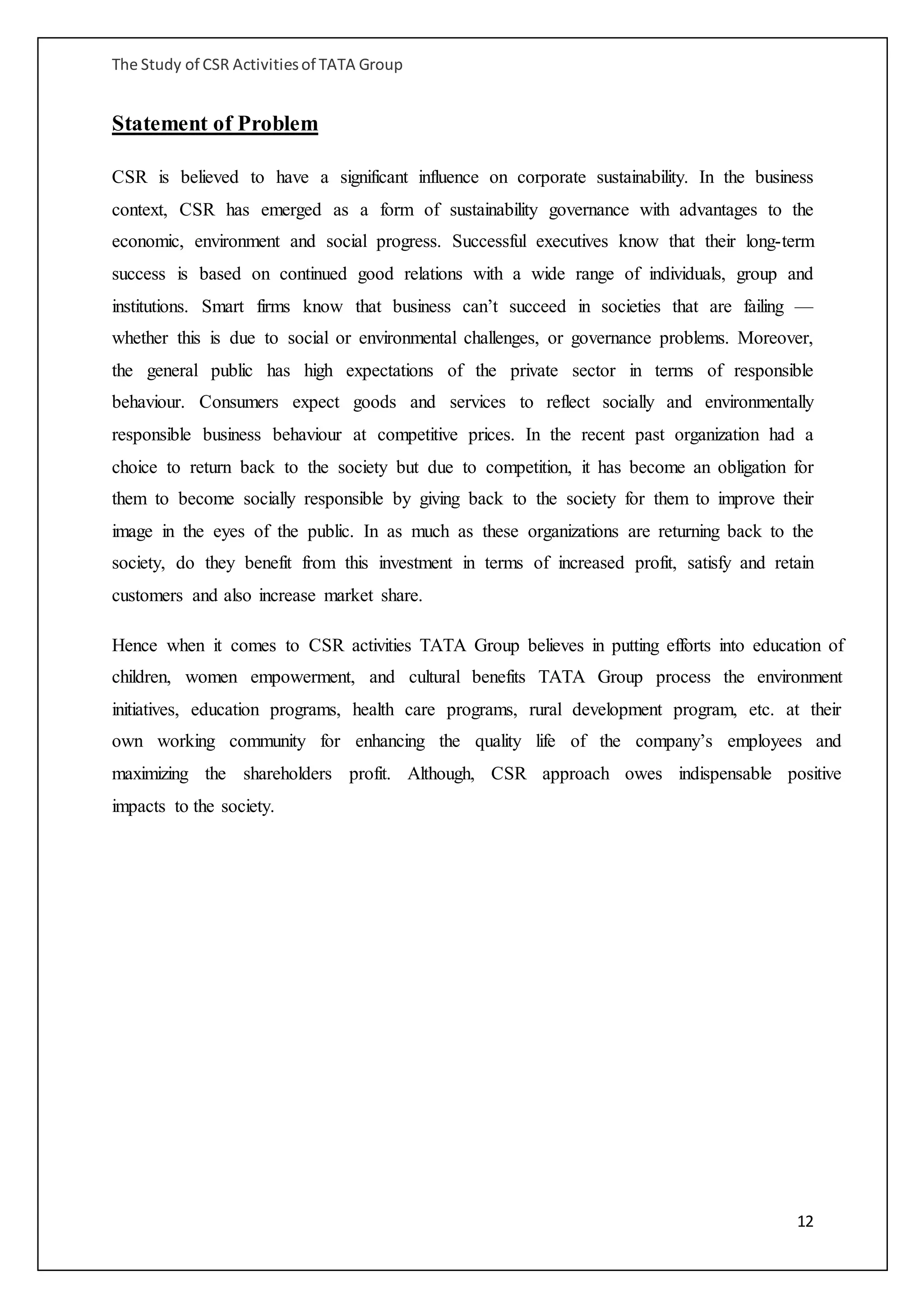 Corporate Social Responsibility Activities of Tata Group | DOCX