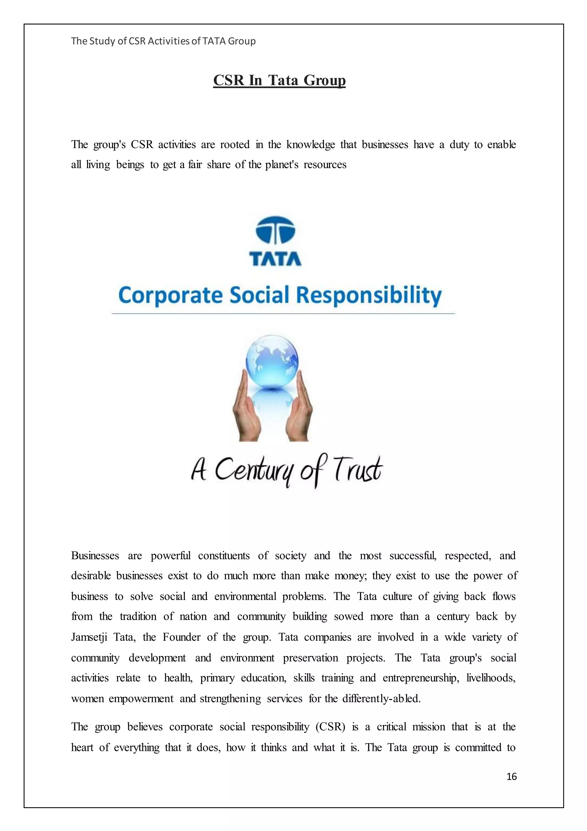 Corporate Social Responsibility Activities of Tata Group | DOCX