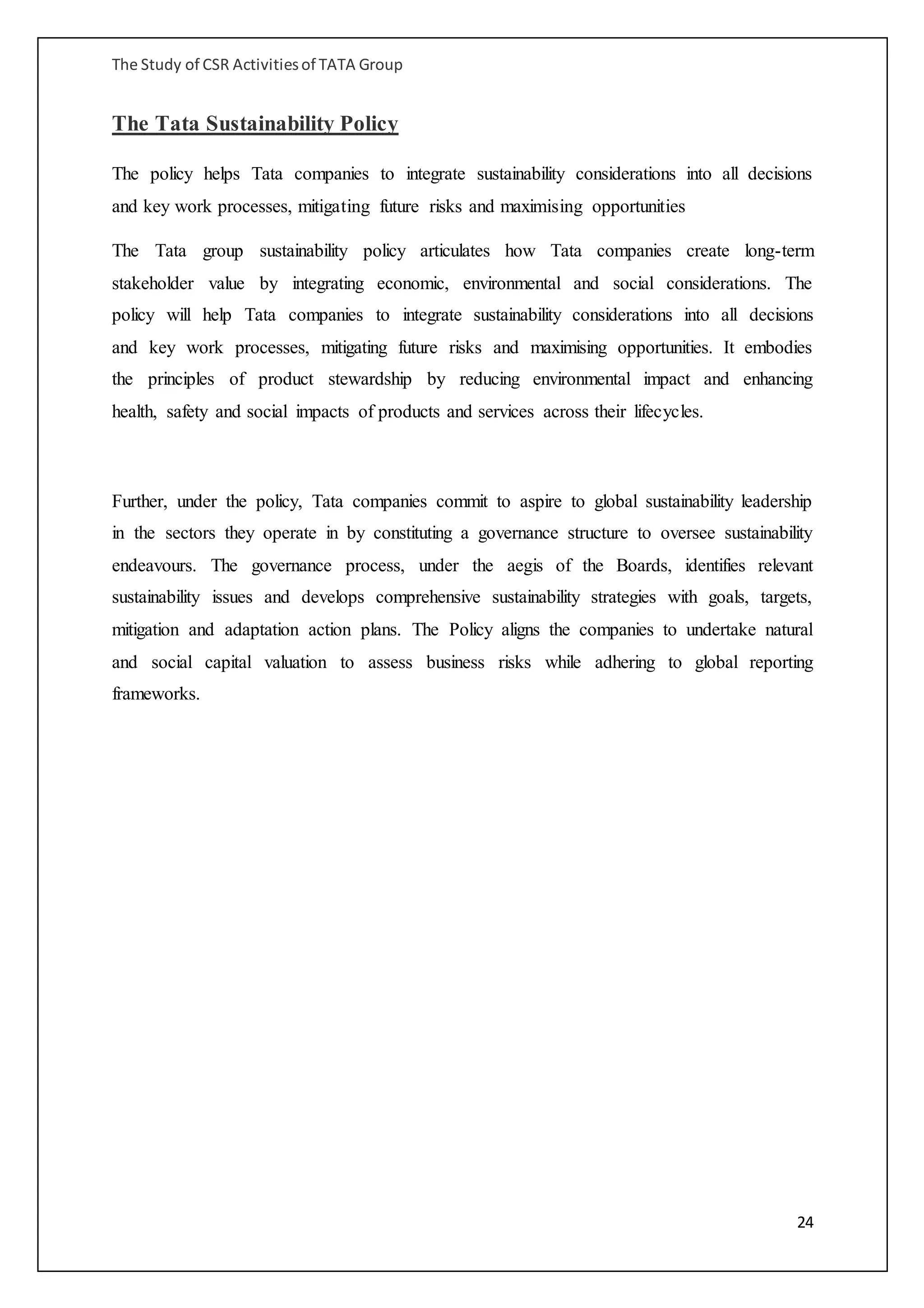 Corporate Social Responsibility Activities of Tata Group | DOCX