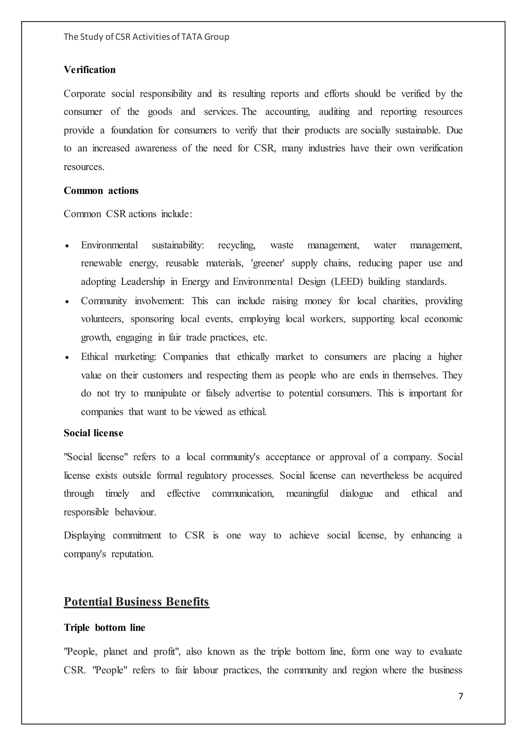 Corporate Social Responsibility Activities of Tata Group | DOCX