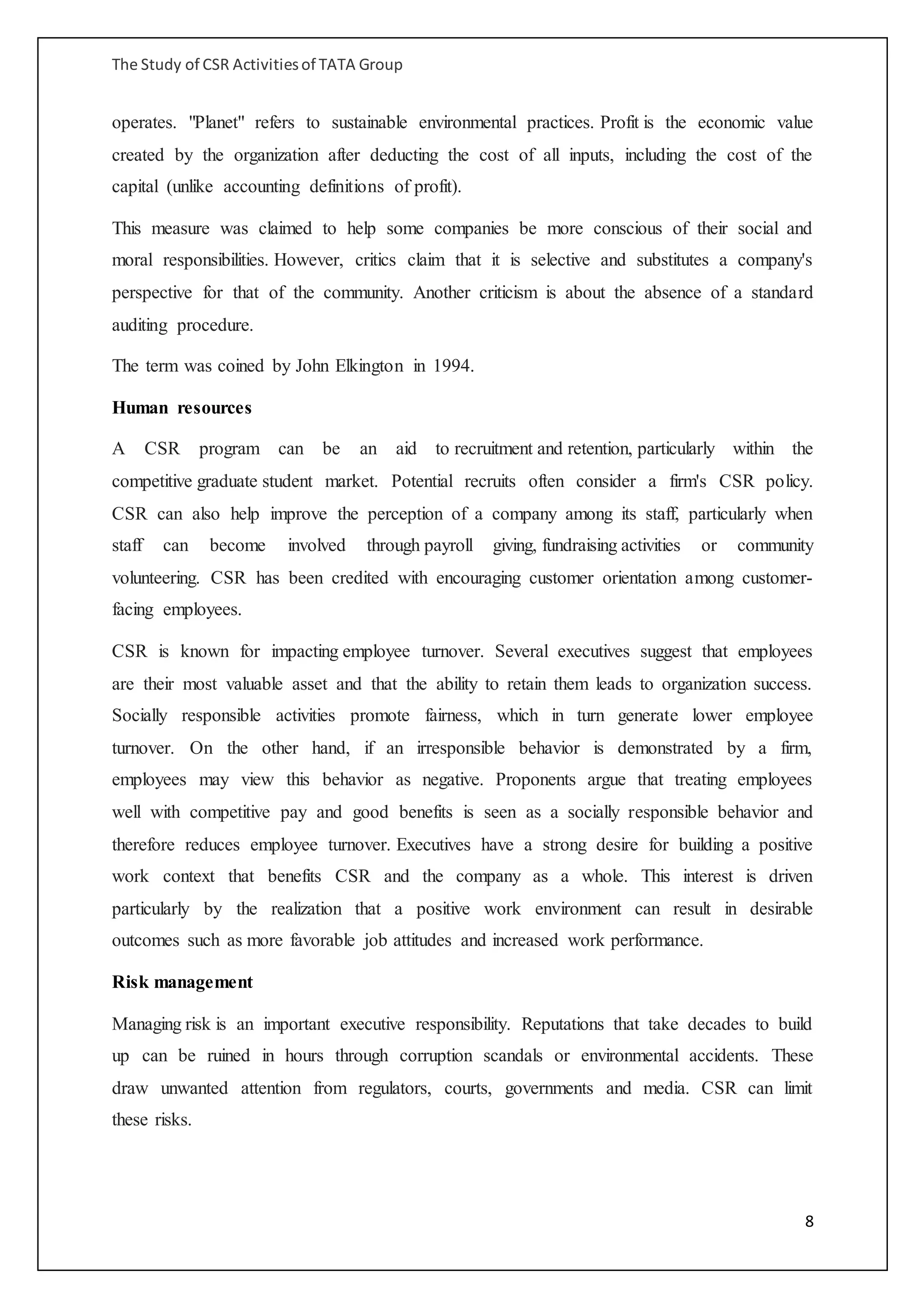 Corporate Social Responsibility Activities of Tata Group | DOCX