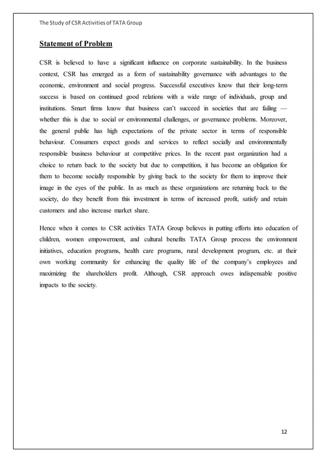Corporate Social Responsibility Activities of Tata Group | DOCX