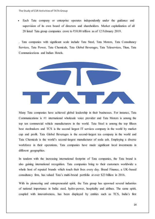 Corporate Social Responsibility Activities of Tata Group | DOCX