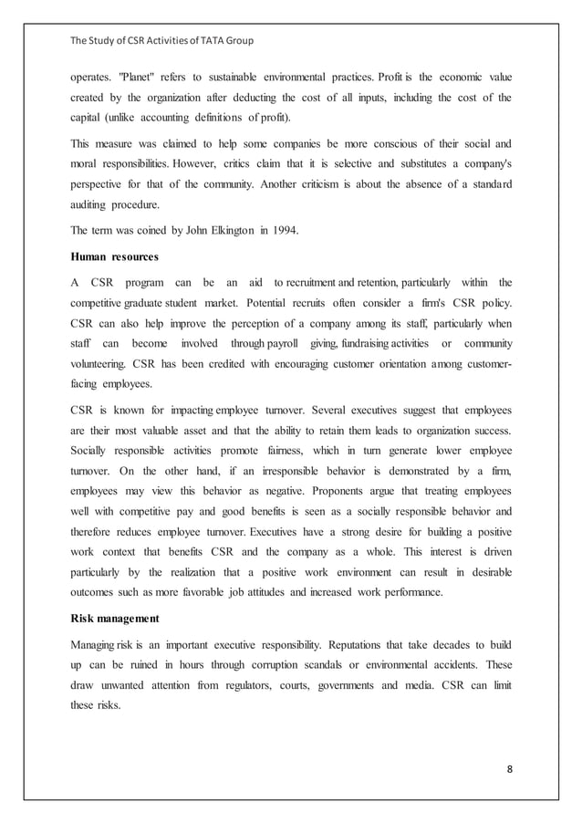 Corporate Social Responsibility Activities of Tata Group | DOCX