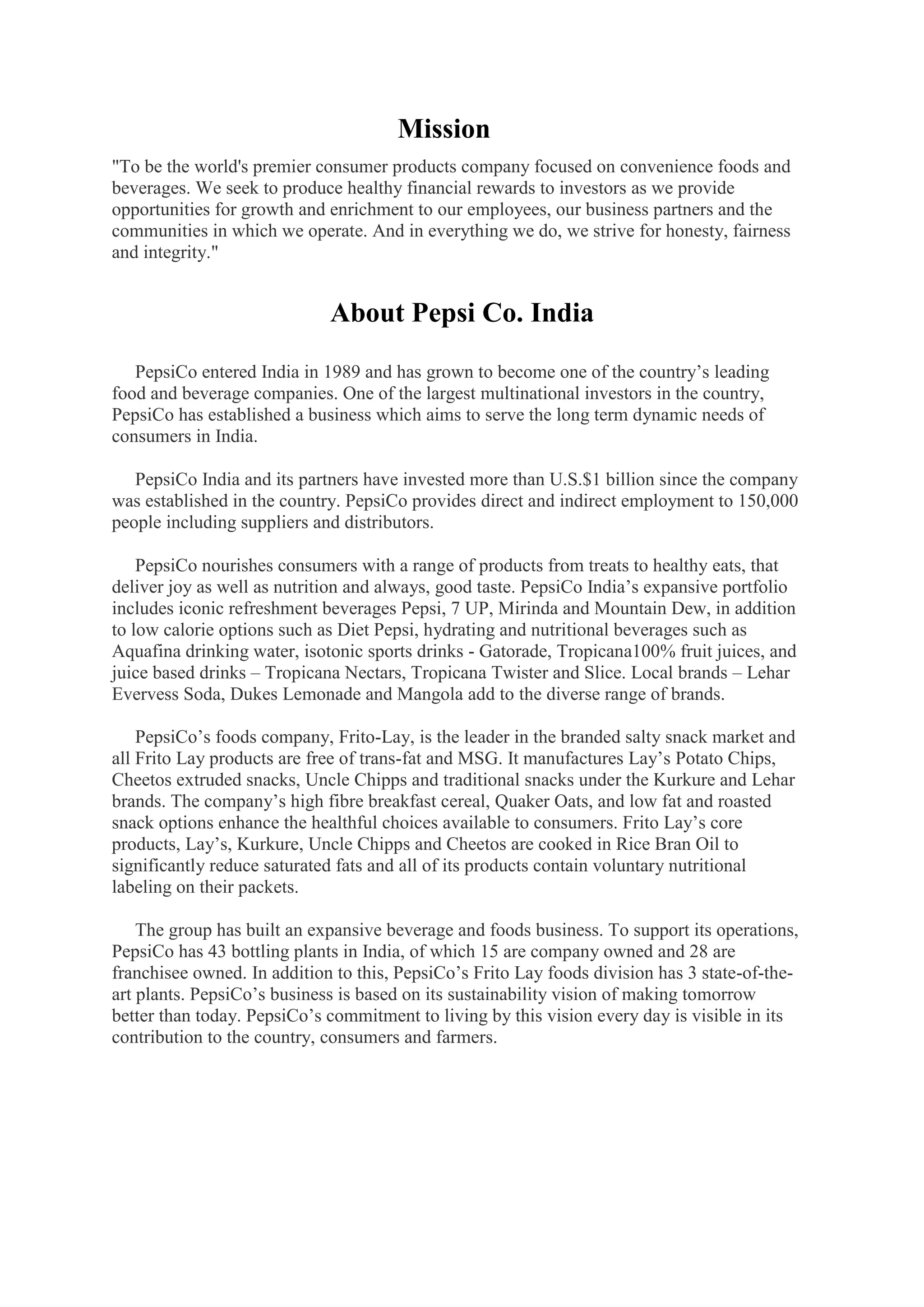 Csr pepsi co india | DOCX