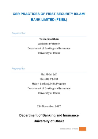 CSR PRACTICES OF FIRST SECURITY ISLAMI BANK LIMITED (FSIBL) | PDF