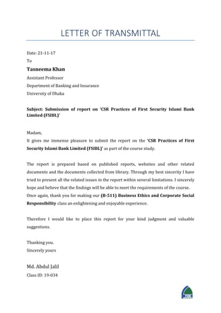 CSR PRACTICES OF FIRST SECURITY ISLAMI BANK LIMITED (FSIBL) | PDF