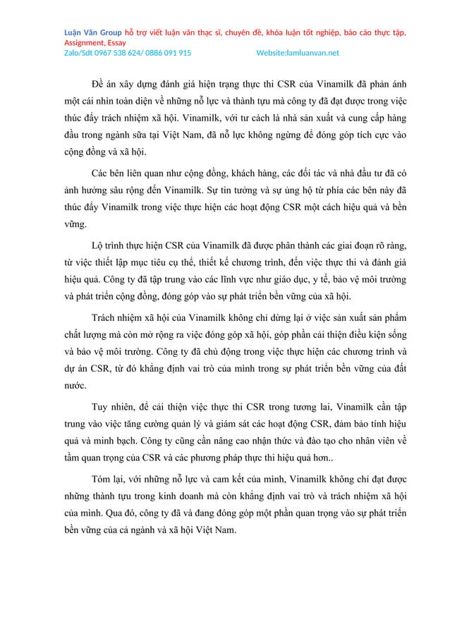 Đề án xây dựng đánh giá hiện trạng thực thi CSR của Vinamilk | DOCX
