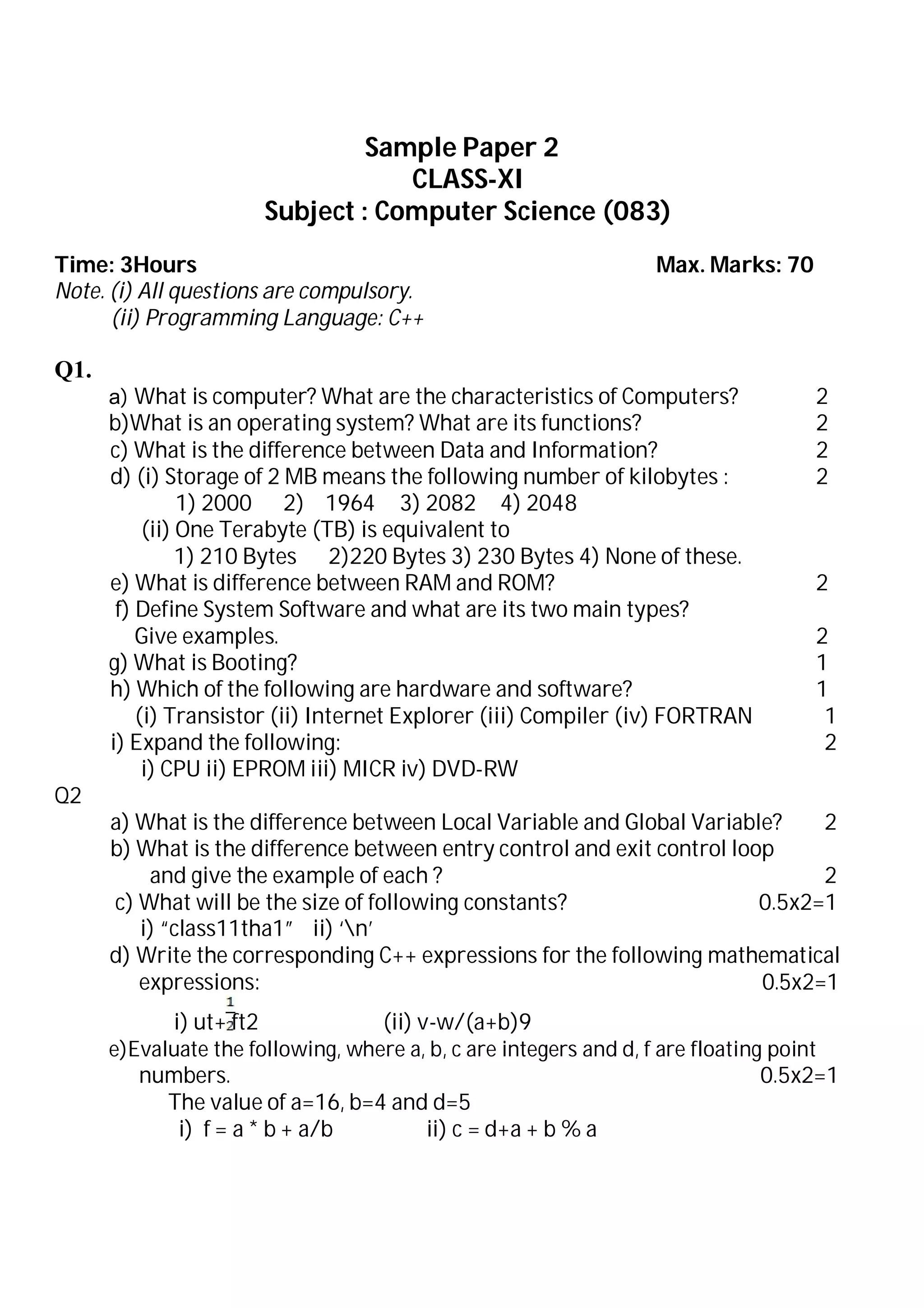 Sample Paper 2 Class XI (Computer Science) | PDF | Programming Languages | Computing