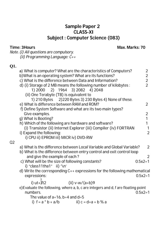 Sample Paper 2 Class XI (Computer Science) | PDF | Programming ...