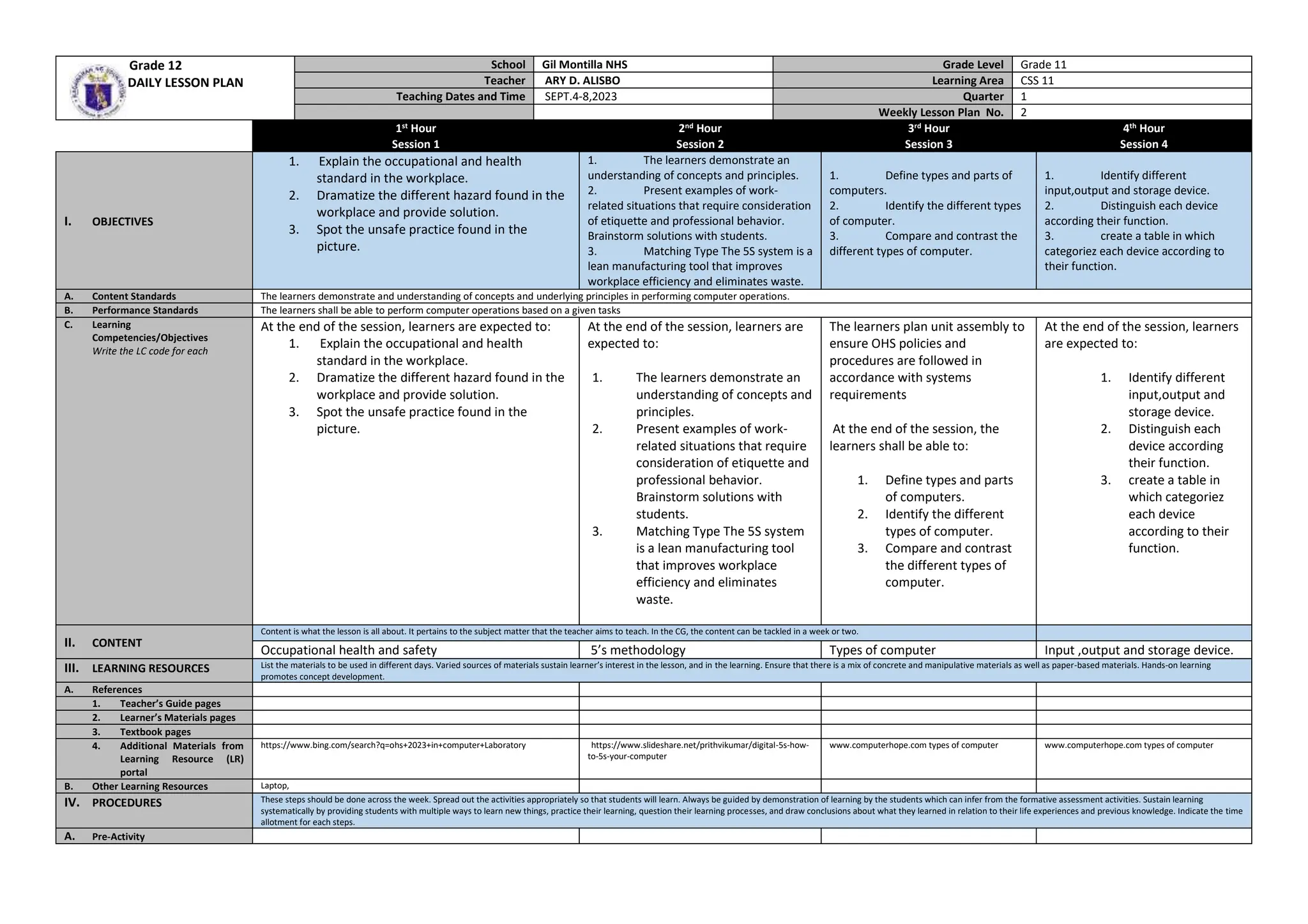 COMPUTER SYSTEM SERVICING DAILLLY LESSON | DOCX