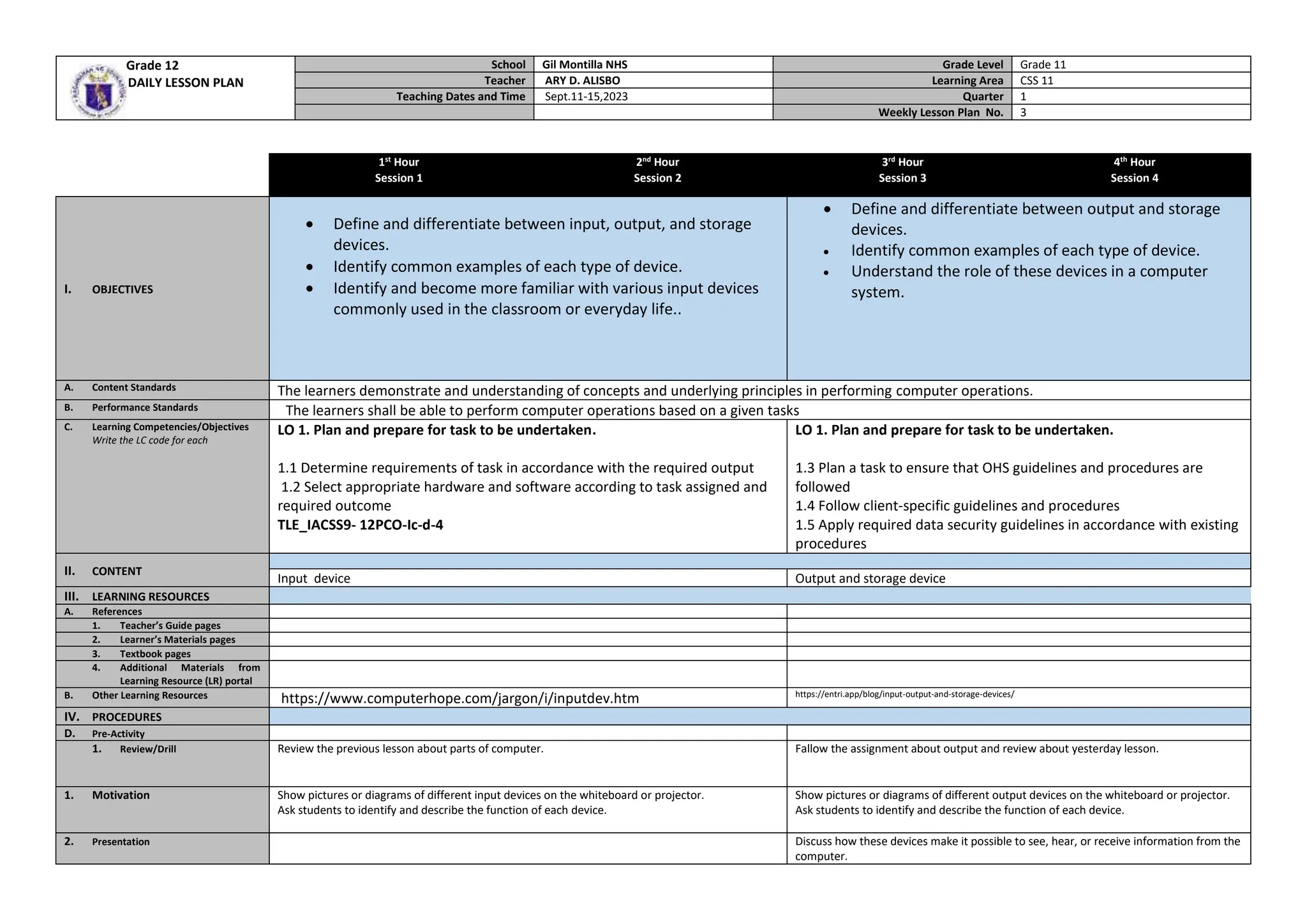 COMPUTER SYSTEM SERVICING DAILLLY LESSON | DOCX