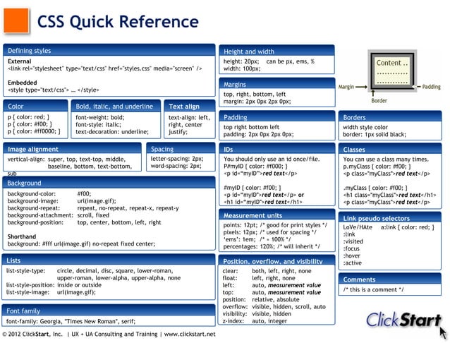 CSS Quick Reference / Cheat Sheet - Scott DeLoach, ClickStart | PPT