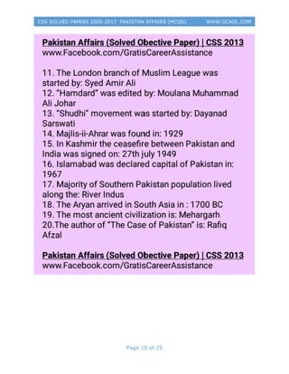 Css solved papers 2005 2017 (pakistan affairs mcqs) | PDF