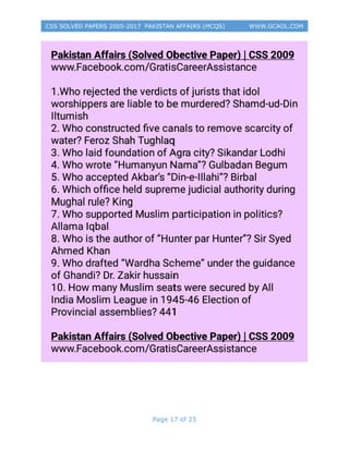 Css solved papers 2005 2017 (pakistan affairs mcqs) | PDF