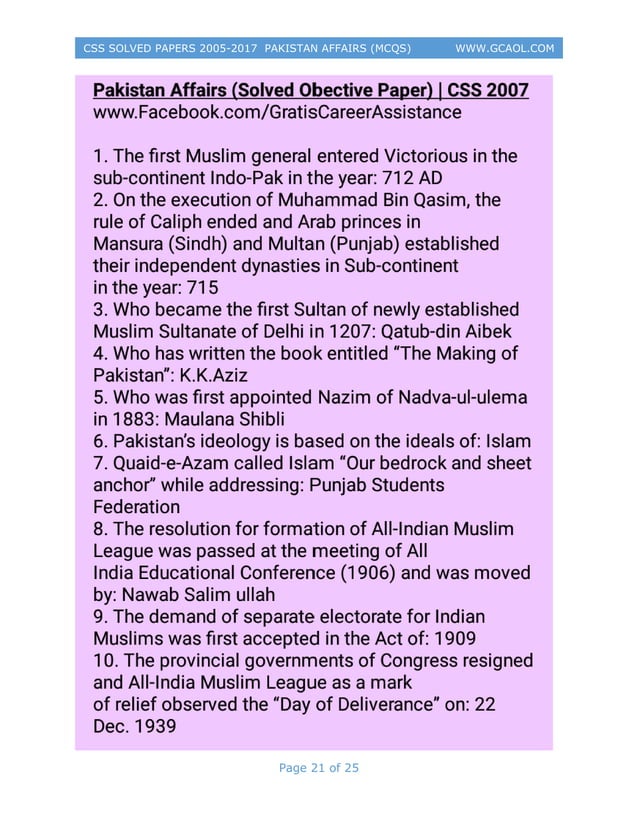 Css solved papers 2005 2017 (pakistan affairs mcqs) | PDF