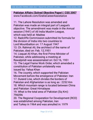 Css solved papers 2005 2017 (pakistan affairs mcqs) | PDF