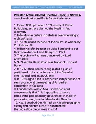 Css solved papers 2005 2017 (pakistan affairs mcqs) | PDF