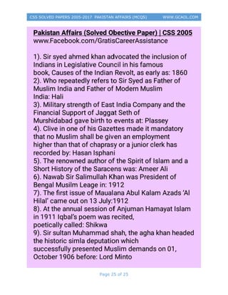Css solved papers 2005 2017 (pakistan affairs mcqs) | PDF
