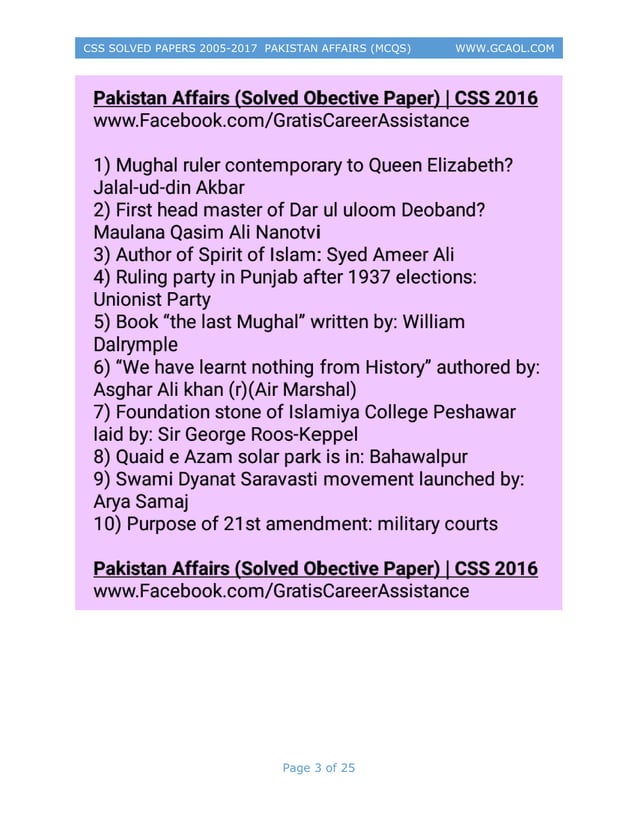 Css solved papers 2005 2017 (pakistan affairs mcqs) | PDF