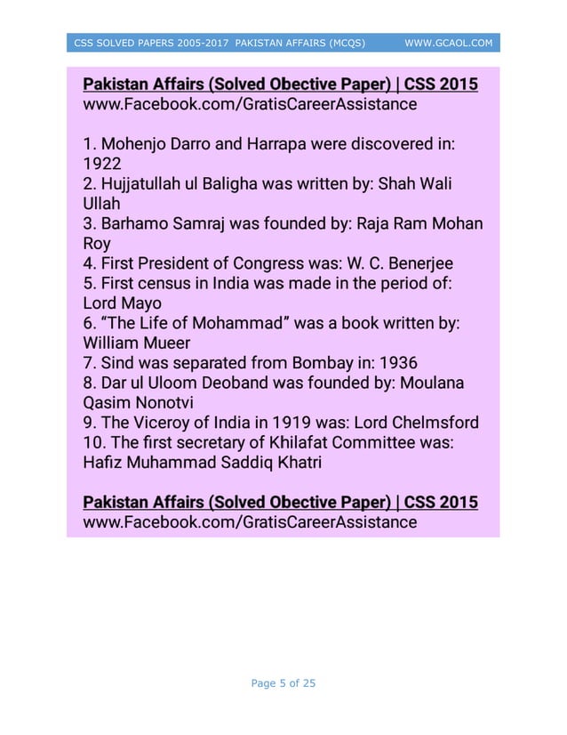 Css solved papers 2005 2017 (pakistan affairs mcqs) | PDF