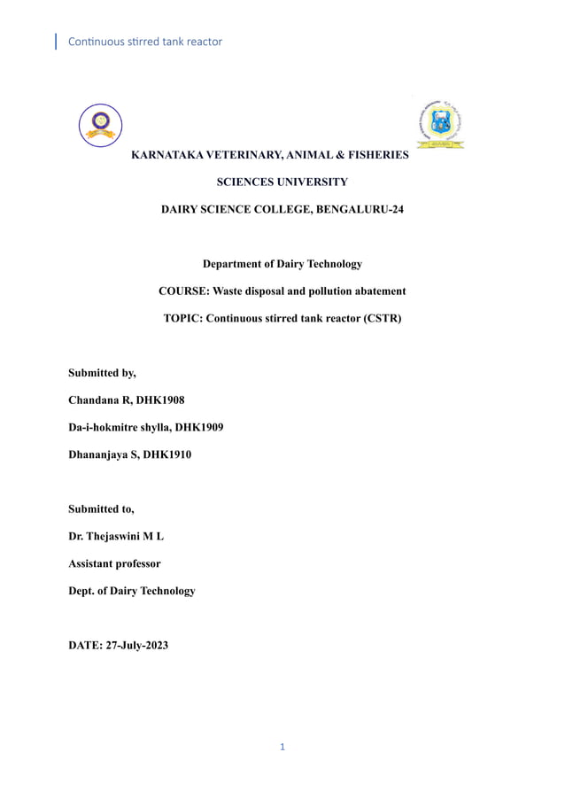 Continuous stirred tank reactor (CSTR ) | PDF