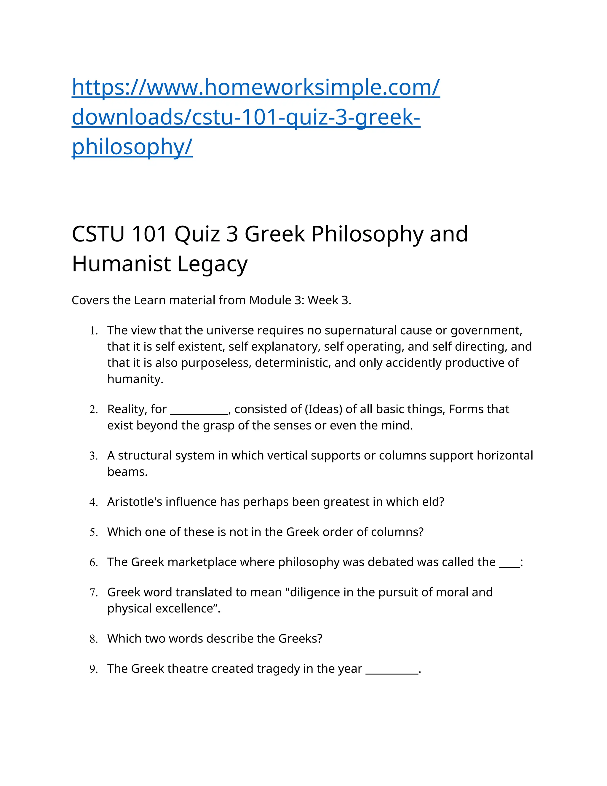 CSTU 101 Quiz 3 Greek Philosophy and Humanist Legacy.docx