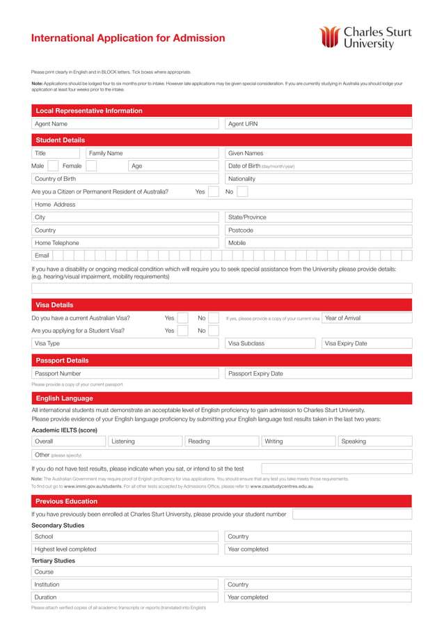Charles Sturt University Csu study centre application form 250215 | PDF