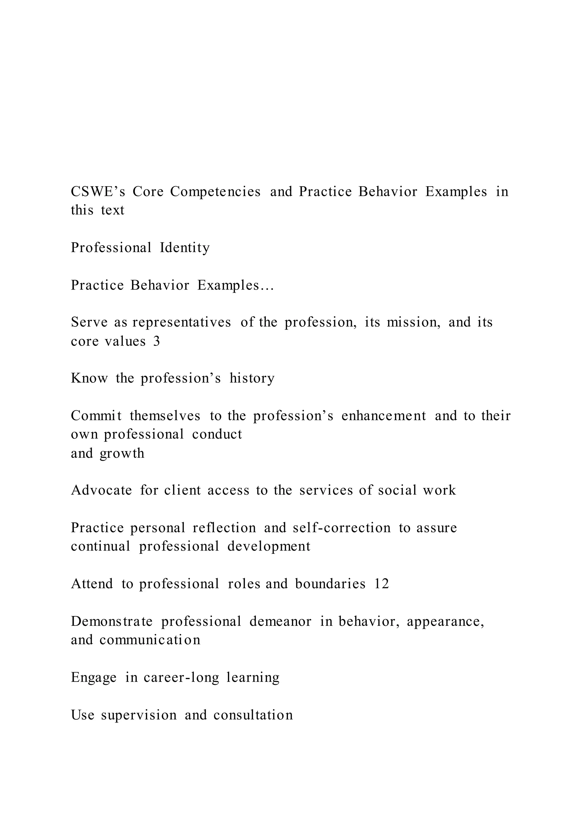 CSWE’s Core Competencies and Practice Behavior Examples in | DOCX