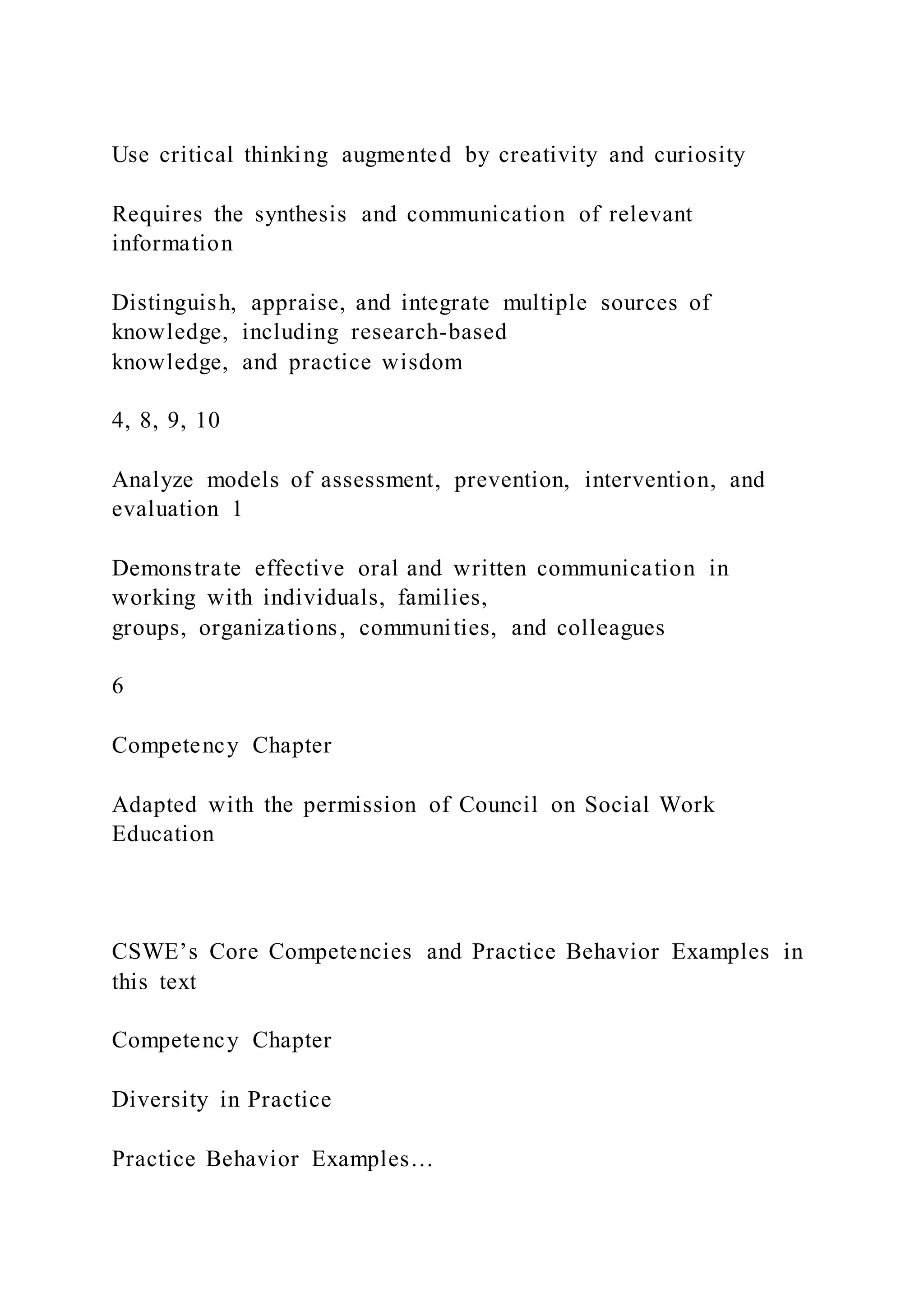 CSWE’s Core Competencies and Practice Behavior Examples in | DOCX
