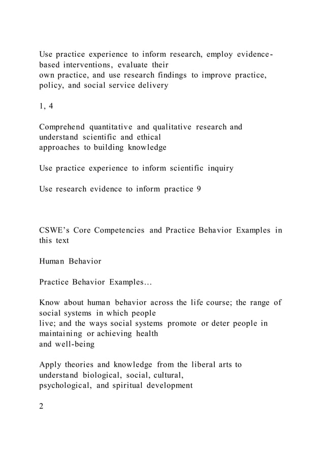 CSWE’s Core Competencies and Practice Behavior Examples in | DOCX ...