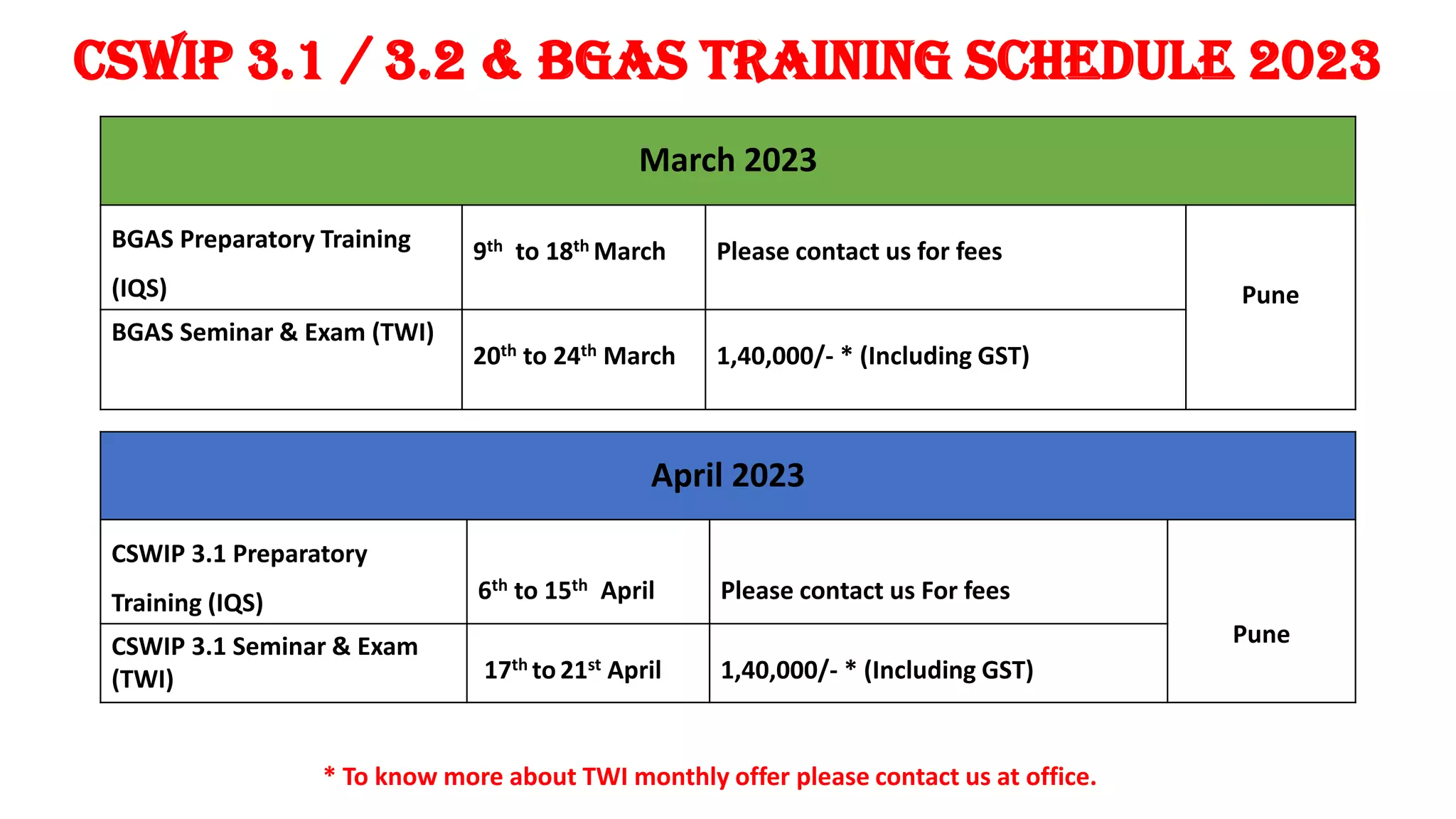 CSWIP 3.1 3.2 & BGAS Training schedule 2023 in Pune India | PDF