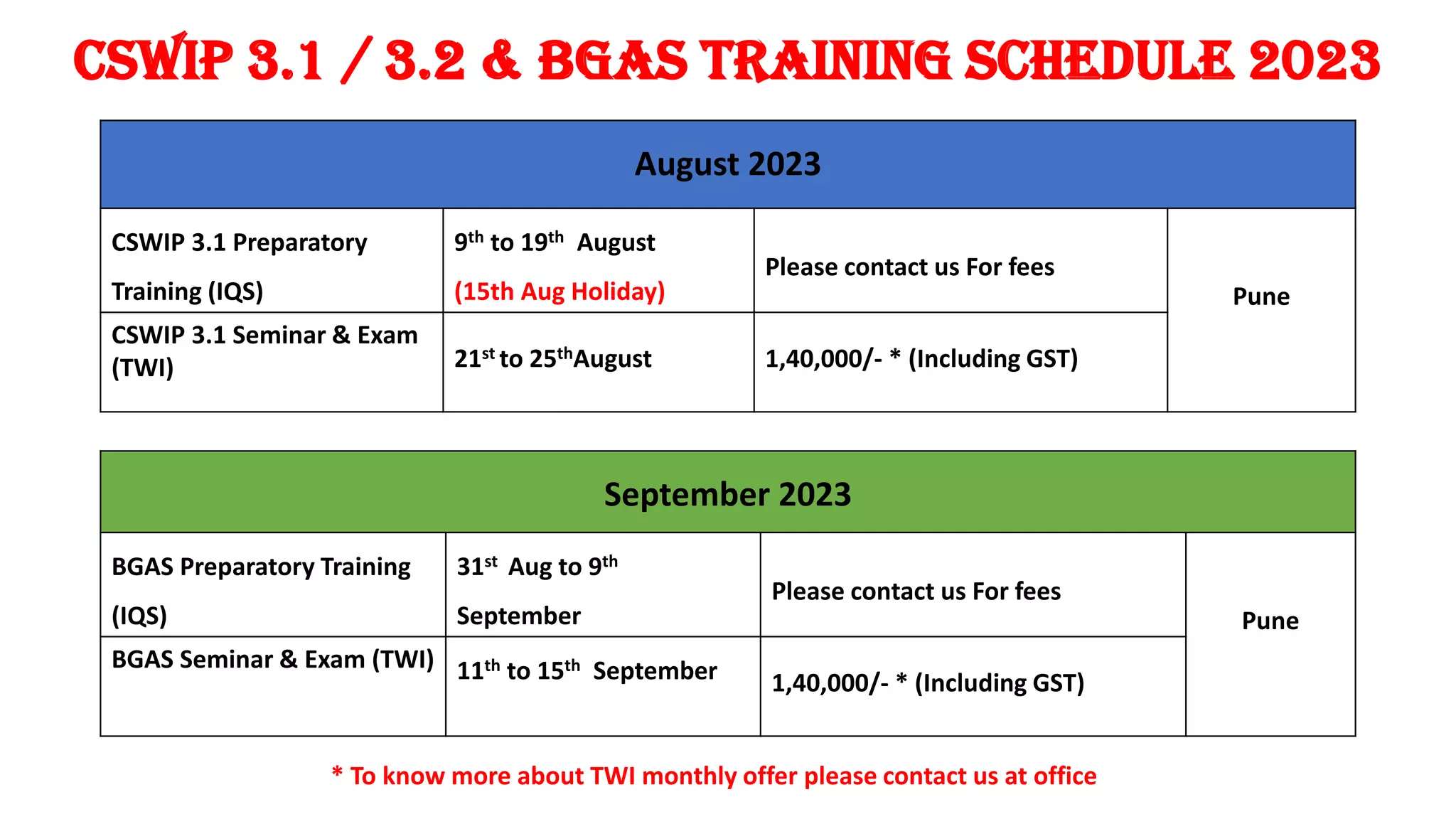 CSWIP 3.1 3.2 & BGAS Training schedule 2023 in Pune India | PDF