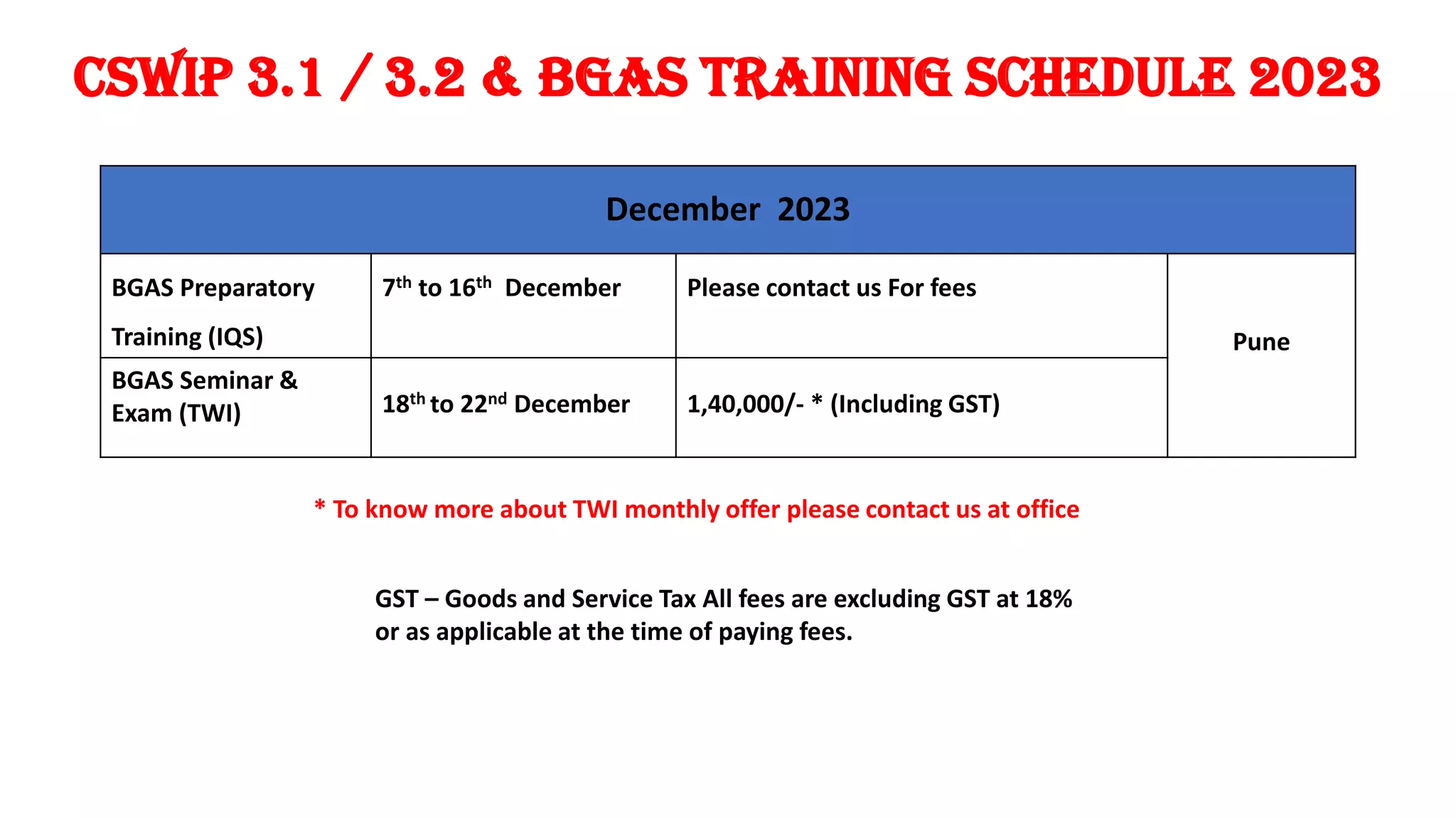 CSWIP 3.1 3.2 & BGAS Training schedule 2023 in Pune India | PDF