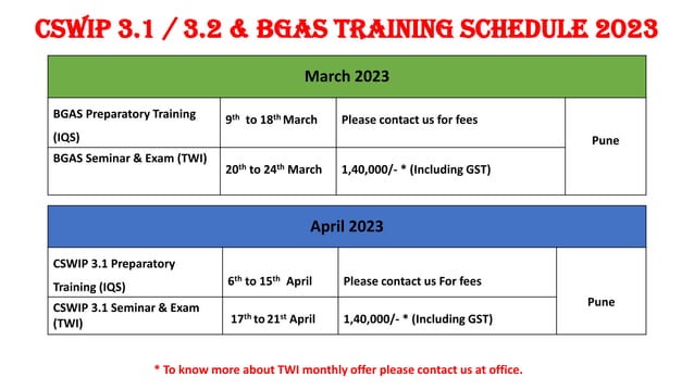 CSWIP 3.1 3.2 & BGAS Training schedule 2023 in Pune India | PDF