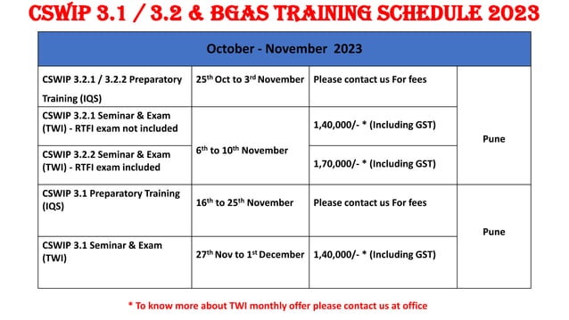 CSWIP 3.1 3.2 & BGAS Training schedule 2023 in Pune India | PDF