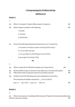 1st and 2nd Semester 2018 scheme C cycle model question papers | PDF | Physics | Science