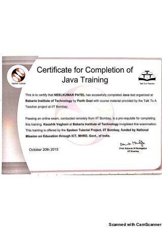 Certificate for Completion of Java Training