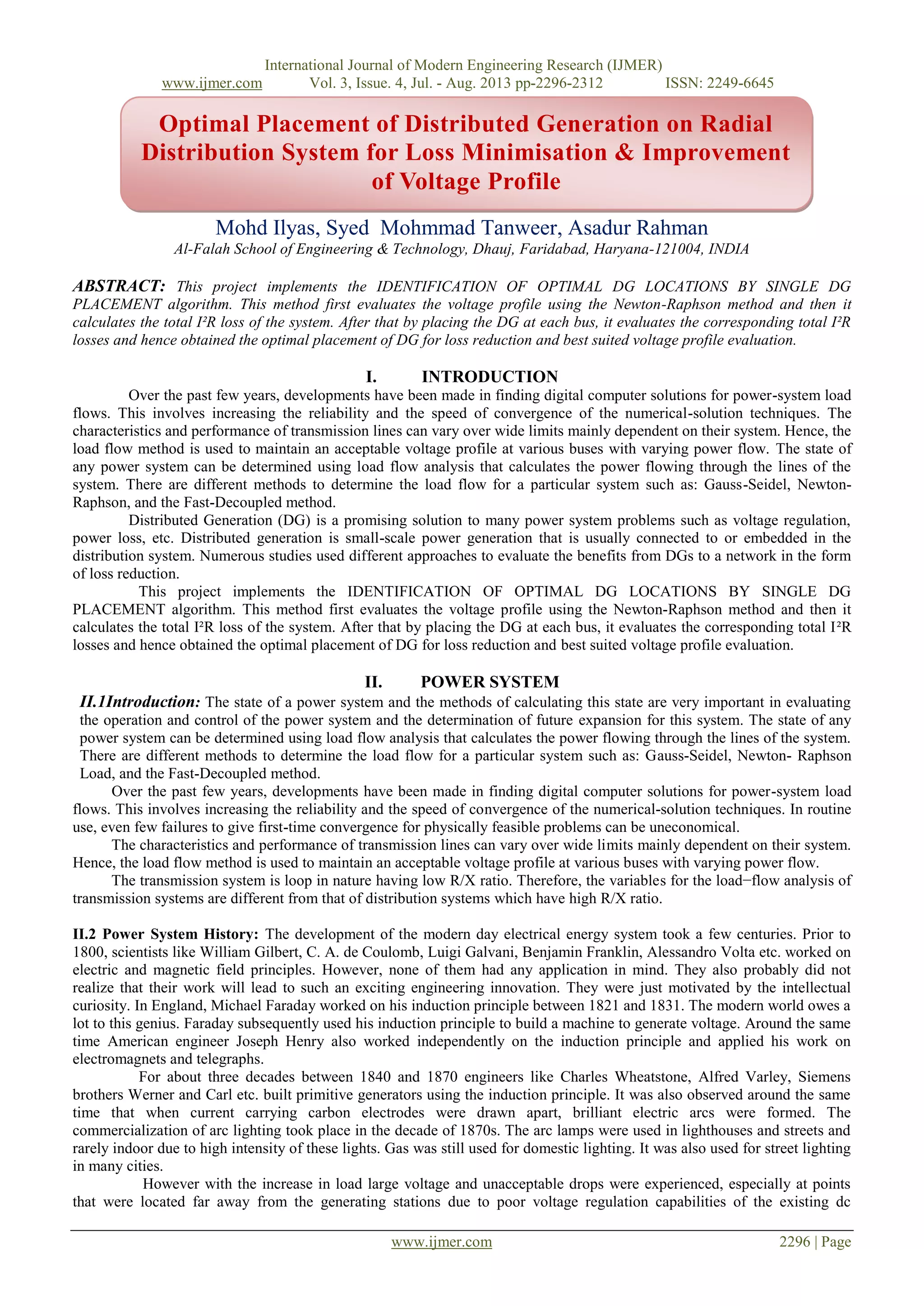 Optimal Placement of Distributed Generation on Radial Distribution System for Loss Minimisation ...