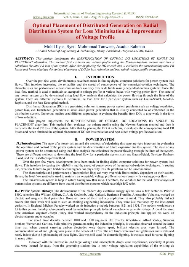 Optimal Placement of Distributed Generation on Radial Distribution System for Loss Minimisation ...