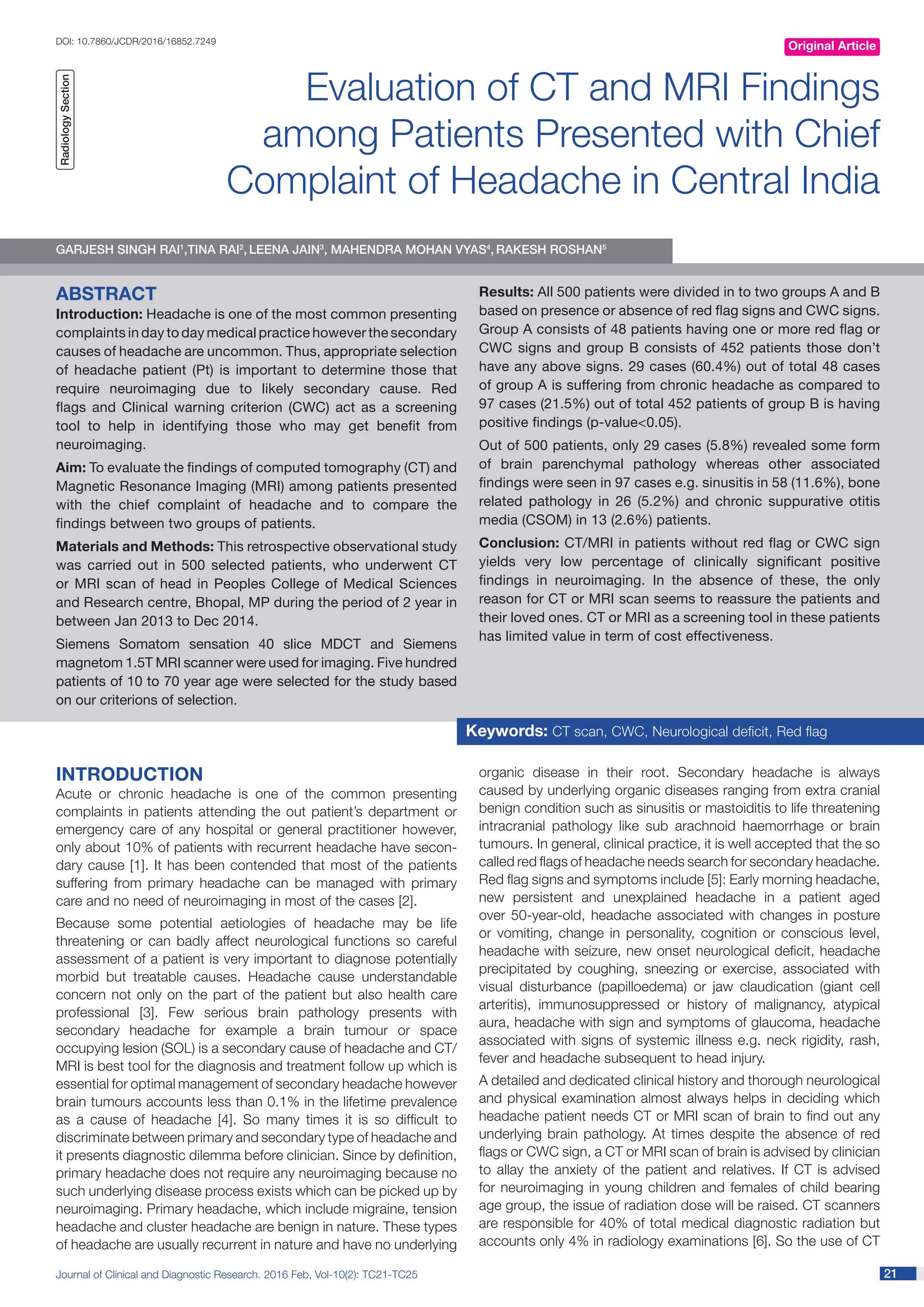 Ct and mri findings chief complaint of headache | PDF