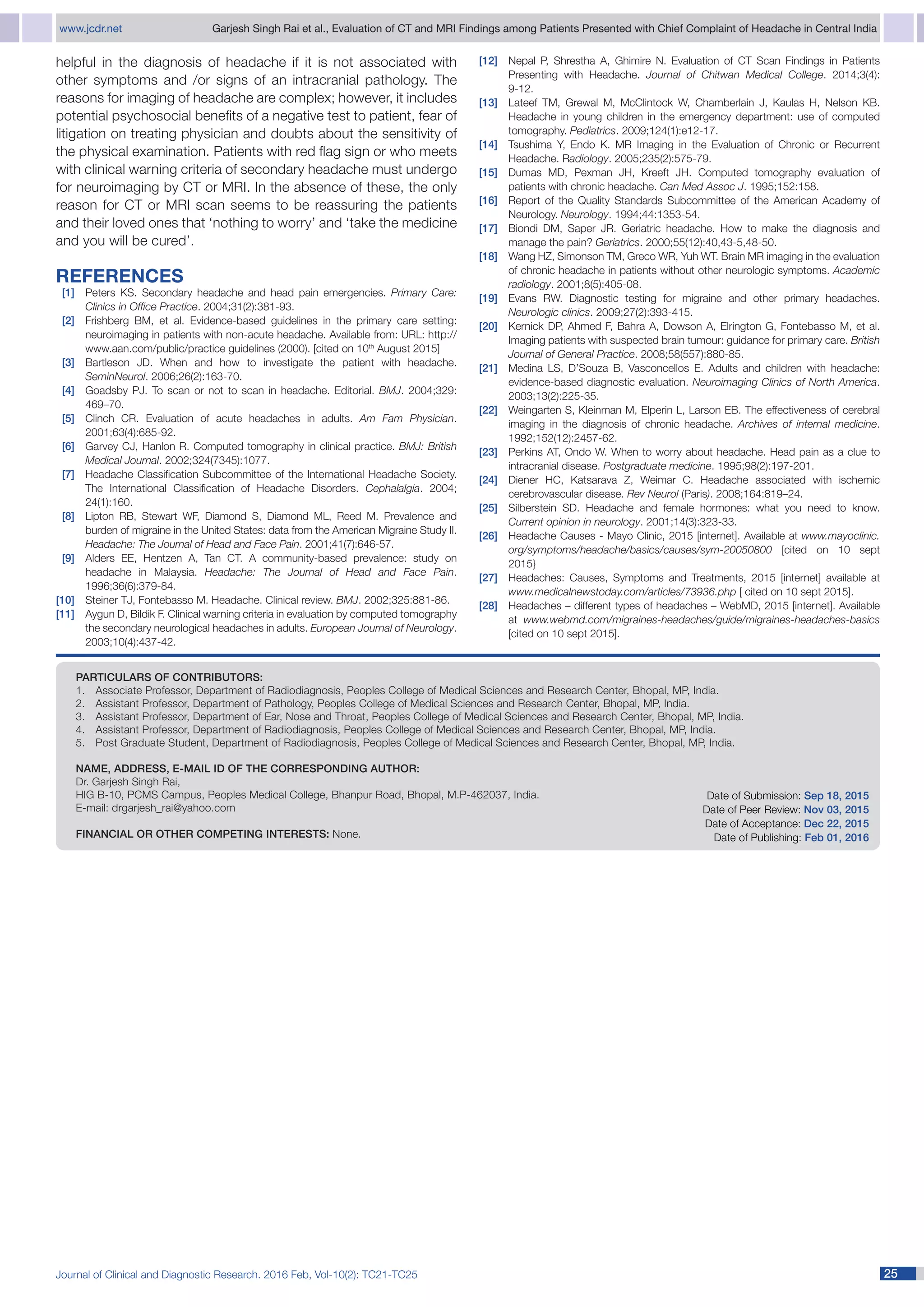 Ct and mri findings chief complaint of headache | PDF